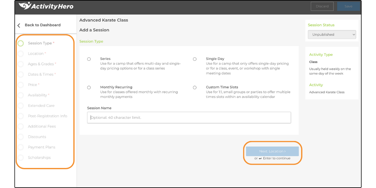 How Do I Create a Session for an Activity?